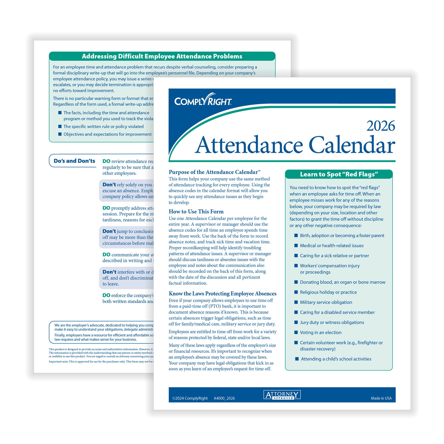 ComplyRightDealer | 2026 Attendance Calendar Kit, Pack of 25
