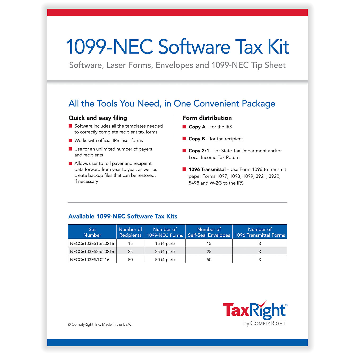 ComplyRightDealer | TaxRight 1099-NEC 4-Part Software Kit (50 Recipients)
